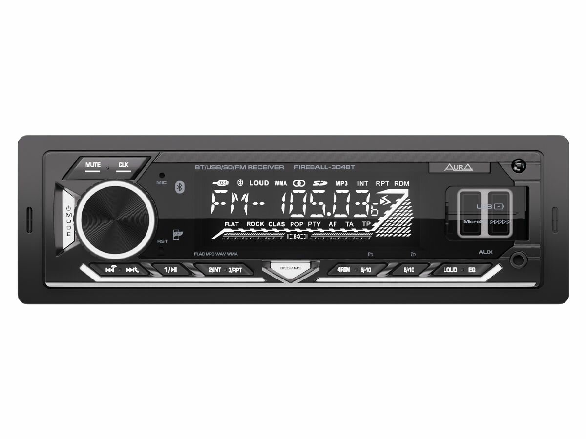 Автомагнитола AurA FIREBALL-304BT, USB/SD-ресивер, 4х36w, FLAC, 2xUSB/BT, APP, 1 RCA, 12/24V, белая подсветка