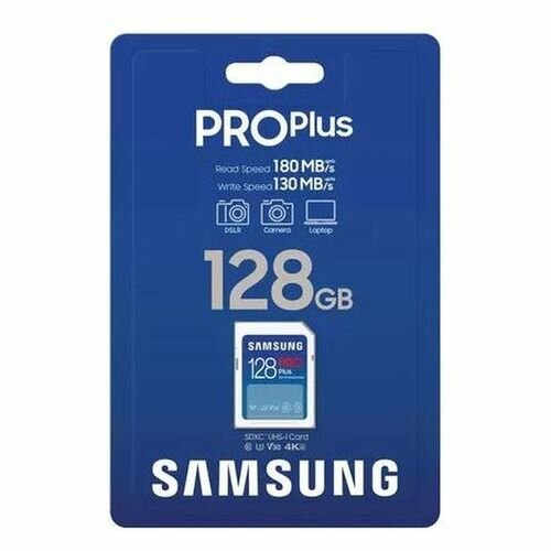Карта памяти SDXC UHS-I U3 Samsung Pro PLUS 128 ГБ, 180 МБ/с, Class 10, MB-SD128S, 1 шт, без адаптера