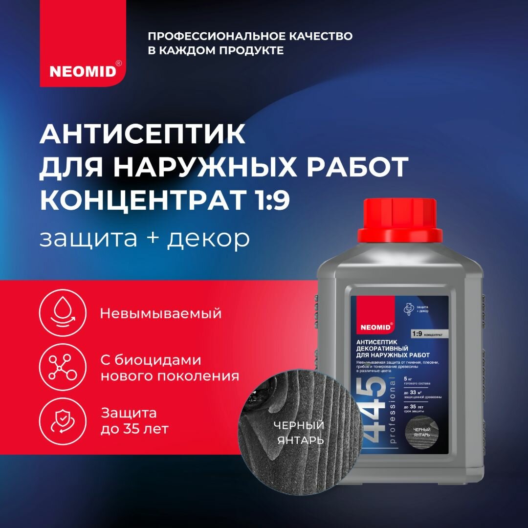 Декоративный антисептик для дерева NEOMID 445 (Черный янтарь) 0,5 кг / Защитная пропитка для деревянных фасадов