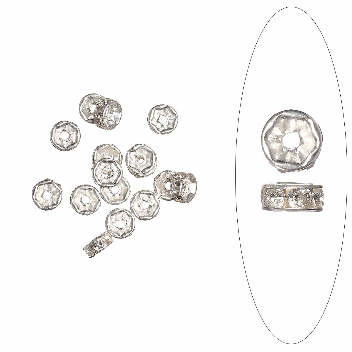 Бусина металлическая, 6х3мм, рондель со стразами, базовый материал - латунь, под серебро, 2 грамма