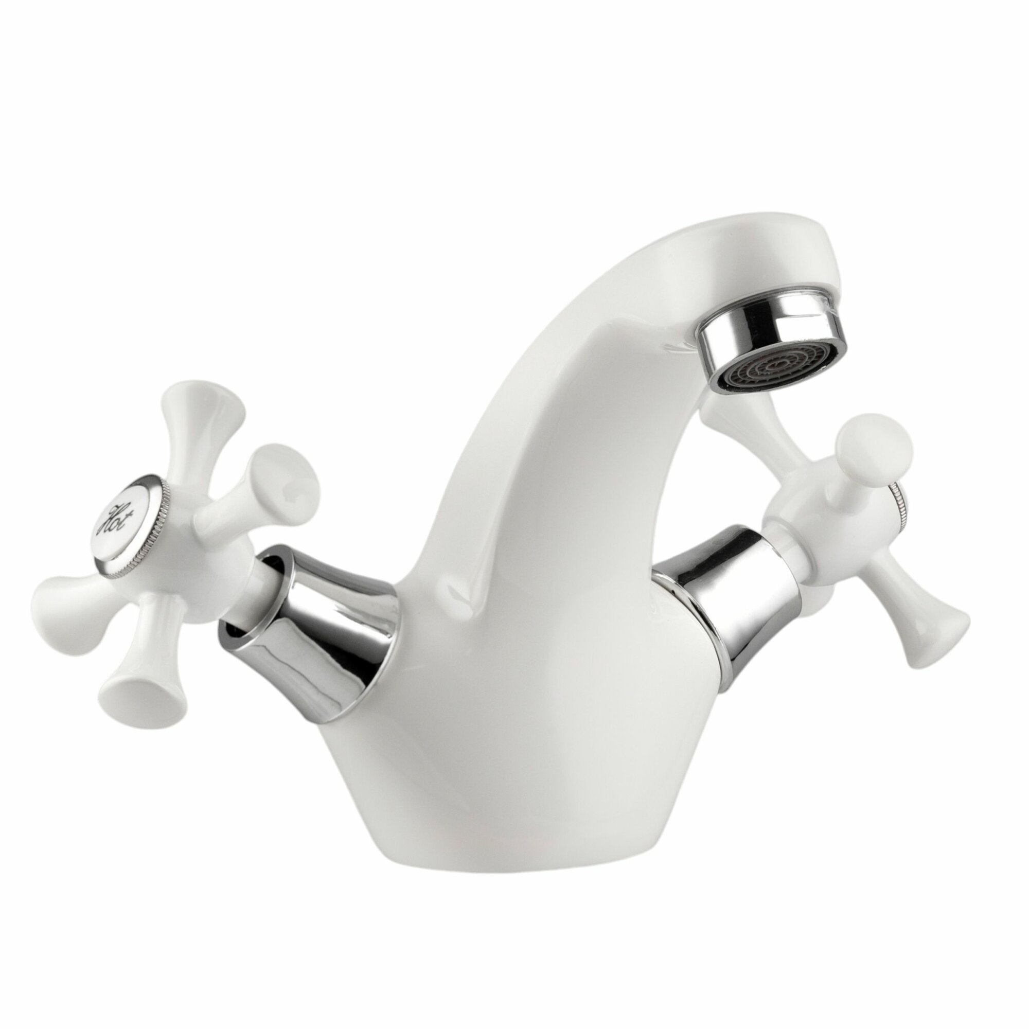 Смеситель для раковины литой излив с вентильными ручками, белый с хромированными вставками