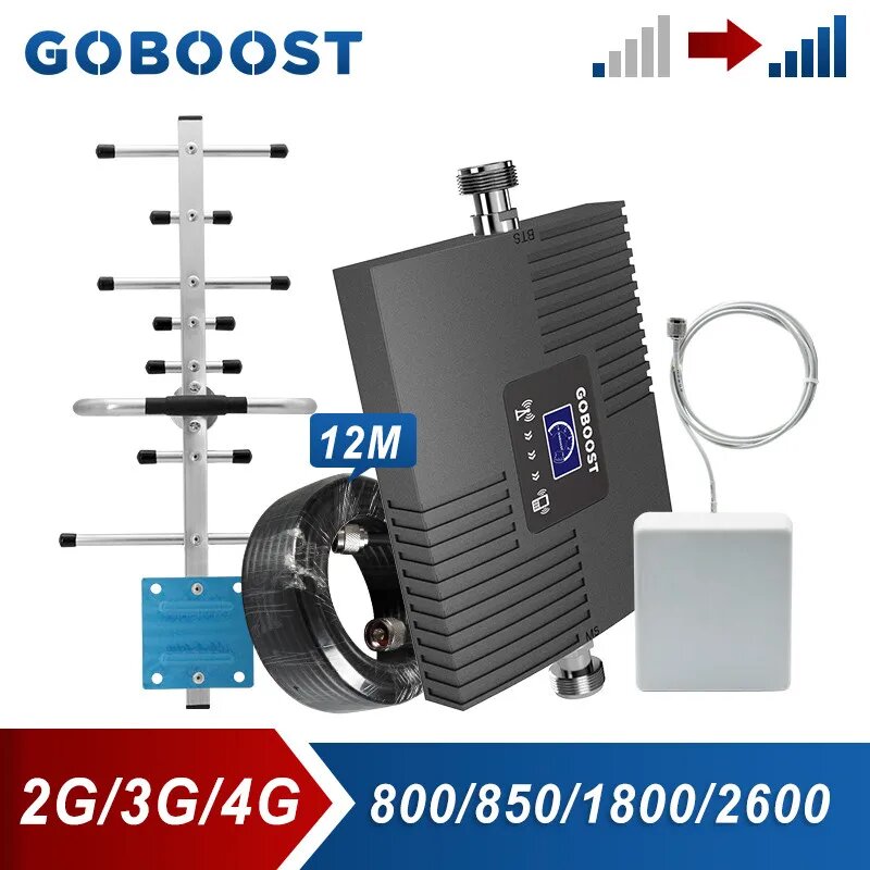 GOBOOST 2G 3G 4G 850 Усилитель сигнала сотового телефона LTE FDD 800 1800 2600 МГц Усилитель сотовой связи Сетевой повторитель с комплектом кабелей 12 м (Band 3)1800MHz
