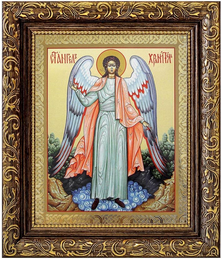 Ангел Хранитель (лик № 055), икона в широкой темной пластиковой рамке 19*22,5 см