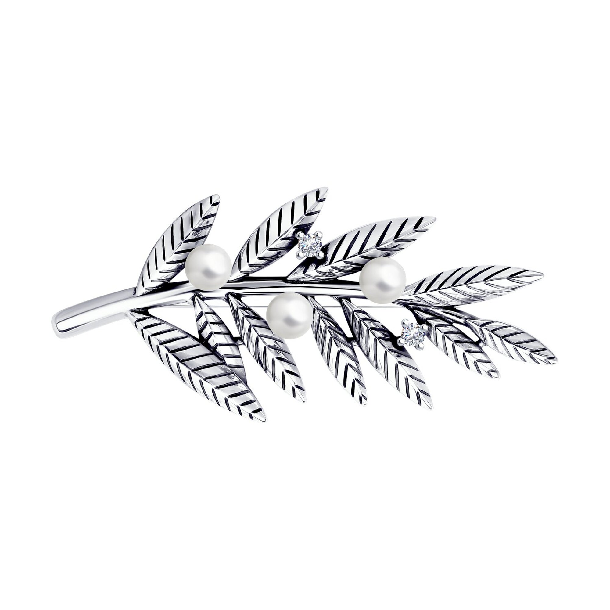 Брошь, серебро, 925 проба, родирование, фианит, жемчуг