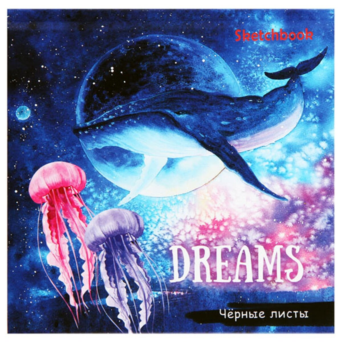 Скетчбук Проф-пресс 160х160 мм, 64 листа, Черный Блок, Медузы и Кит (60-5689)