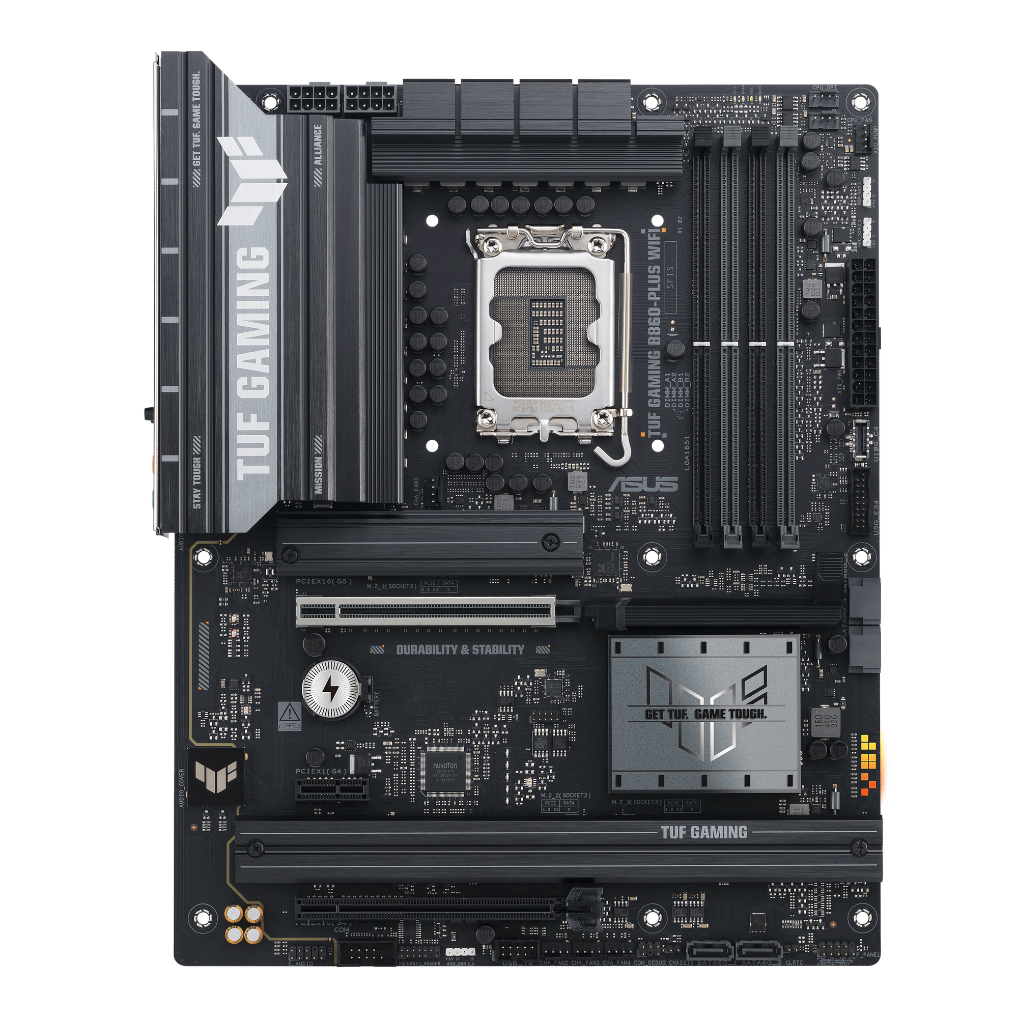 ASUS Материнская плата Socket1851 ASUS TUF GAMING B860-PLUS WIFI (iB860, 4xDDR5, M.2, SATA III, RAID, 2xPCI-E, HDMI, DP, 2.5Гбит LAN, WiFi, BT, 10Гбит USB, 20Гбит Type-C, ATX) (ret)