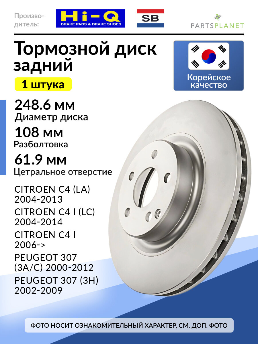 Диск тормозной задний диаметр 249 мм для Ситроен C4 2004-2013, I 2004-2014, 2006-, Пежо 307 2000-2012, 2002-2009, Citroen Peugeot 2002-2009 артикул SD6009 SANGSIN
