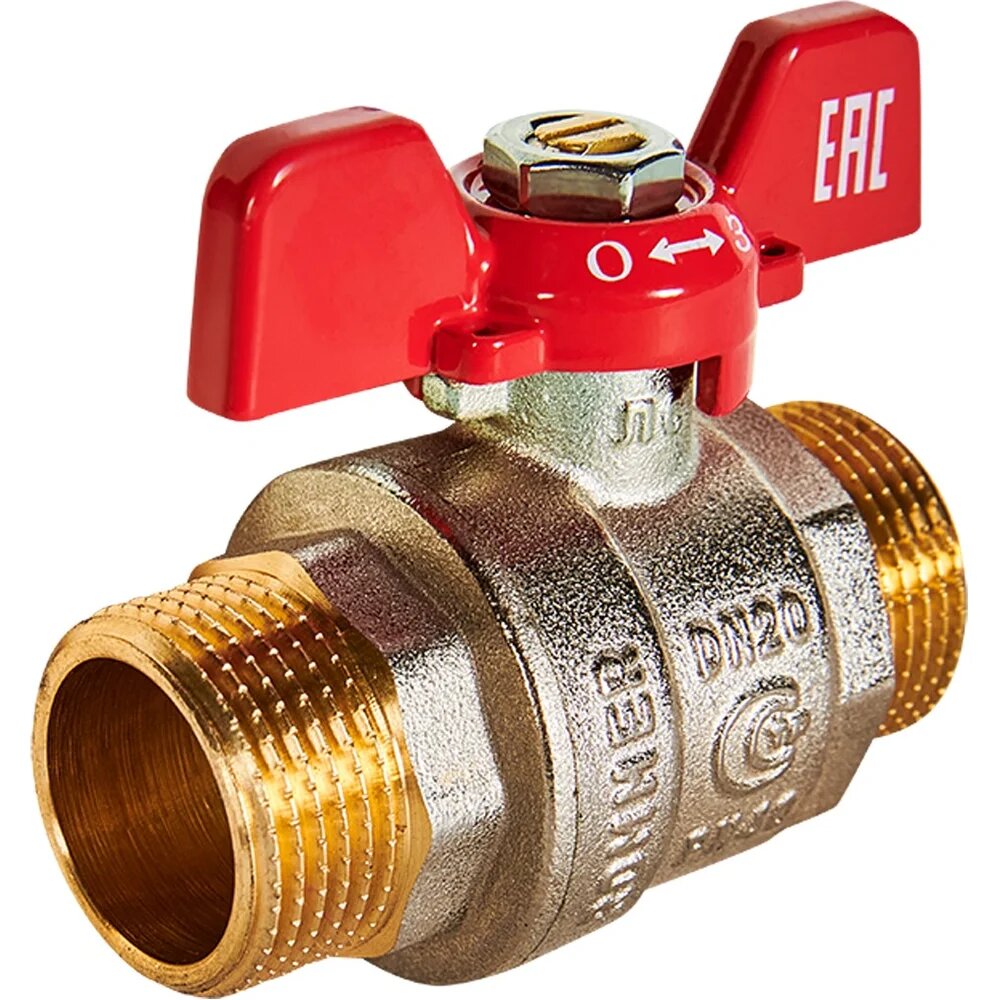 Кран шаровый ROMMER, НР/НР, ручка бабочка 3/4 RBV-0007-2410220 RG00938RJNBOH8 из никелированной латуни, с красным