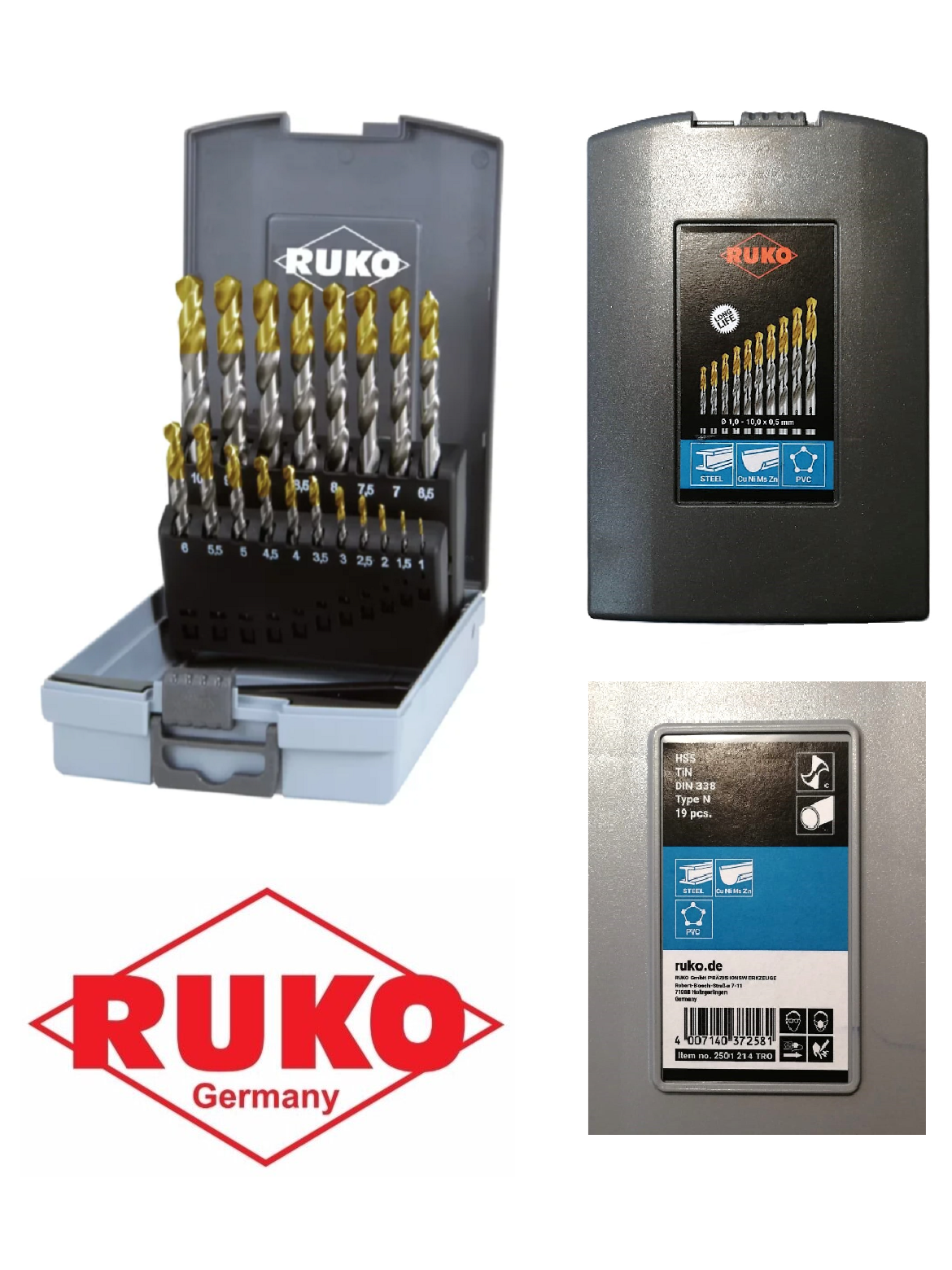Набор из 19-ти сверл по металлу RUKO HSS-G TIN (1.0-10мм) 2501214TRO в кейсе