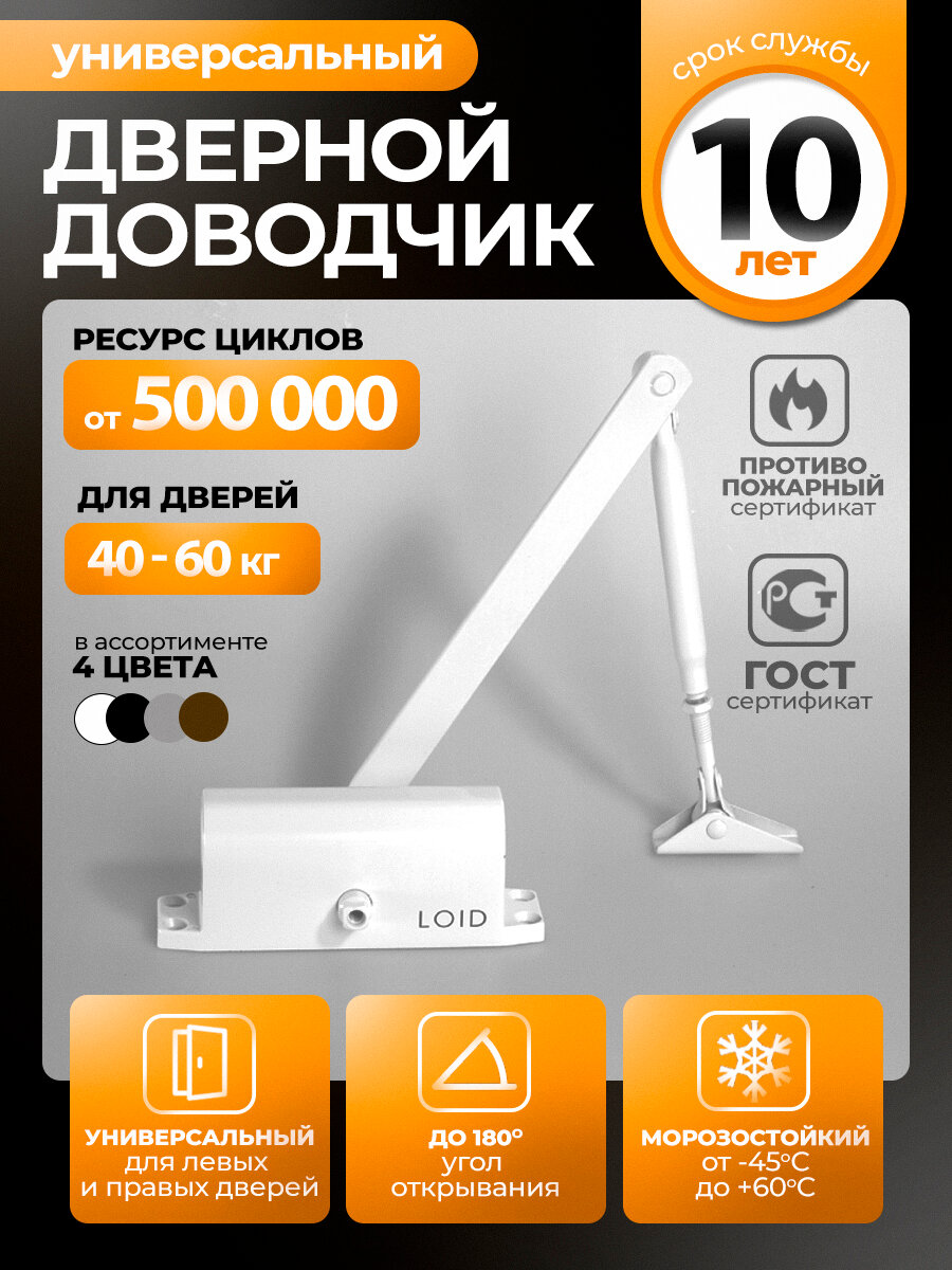 Доводчик дверной морозостойкий Loid 501 White белый, от 40 до 60 кг, уличный