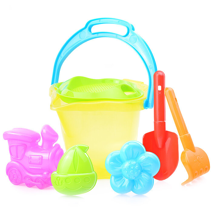 Песочный набор STELLAR (ведро 1,1 л кувшин прозрачное, сито, лопатка 19 см, грабли 19 см, 3формочки)