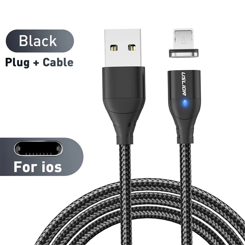 USLION 5A Магнитный кабель Micro USB Type C Быстрая зарядка телефона Провод для передачи данных Магнитное зарядное устройство для iPhone 13 12 Pro Max Samsung Xiaomi for 1m, Black for ios