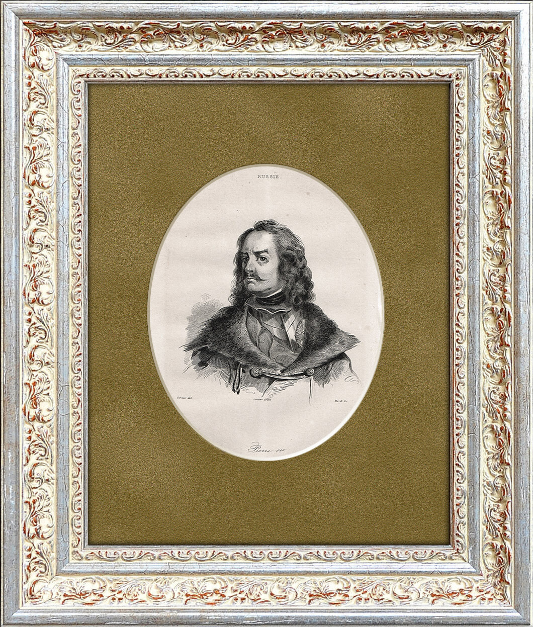Русский император Петр I, Старинная гравюра, 1838 г.