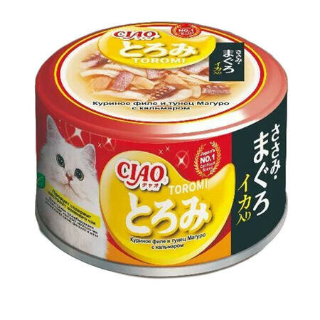 INABA Ciao Toromi 6 шт по 80 г влажный корм для кошек куриное филе, тунец магуро и кальмар в бульоне