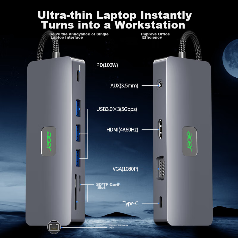 Acer Multi-Functional Expansion Dock, USB-C to HDMI Converter, Compatible with Apple MacBook, 4K 60Hz Screen Mirroring, VGA Audio, Gigabit Ethernet Port, Hub Expansion Dock