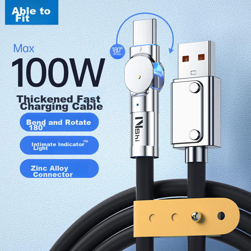 Can Fit Charging Cable, Type-C Data Cable, 100W Fast Charging, USB-C Flash Charging, 6A, Suitable for Huawei, Vivo, Xiaomi, OPPO, Honor Phones, Thickened, Rotatable Head, 1 Meter, Black