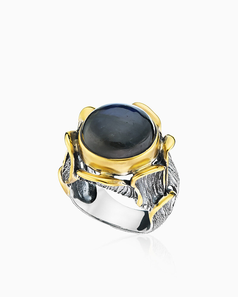 Кольцо, серебро, 925 проба, чернение, золочение, лабрадорит
