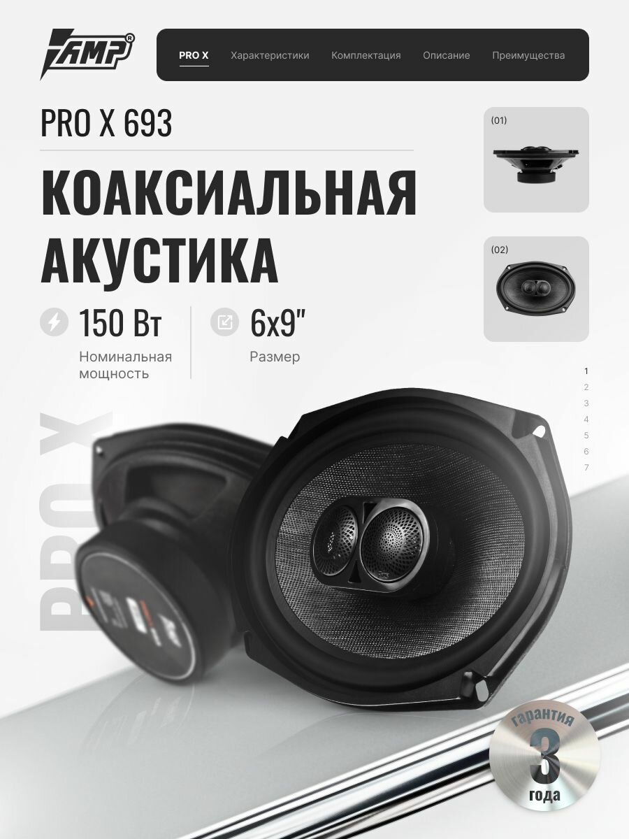 Акустика коаксиальная AMP PRO X 693, 300 Вт, 6х9" / Динамики автомобильные