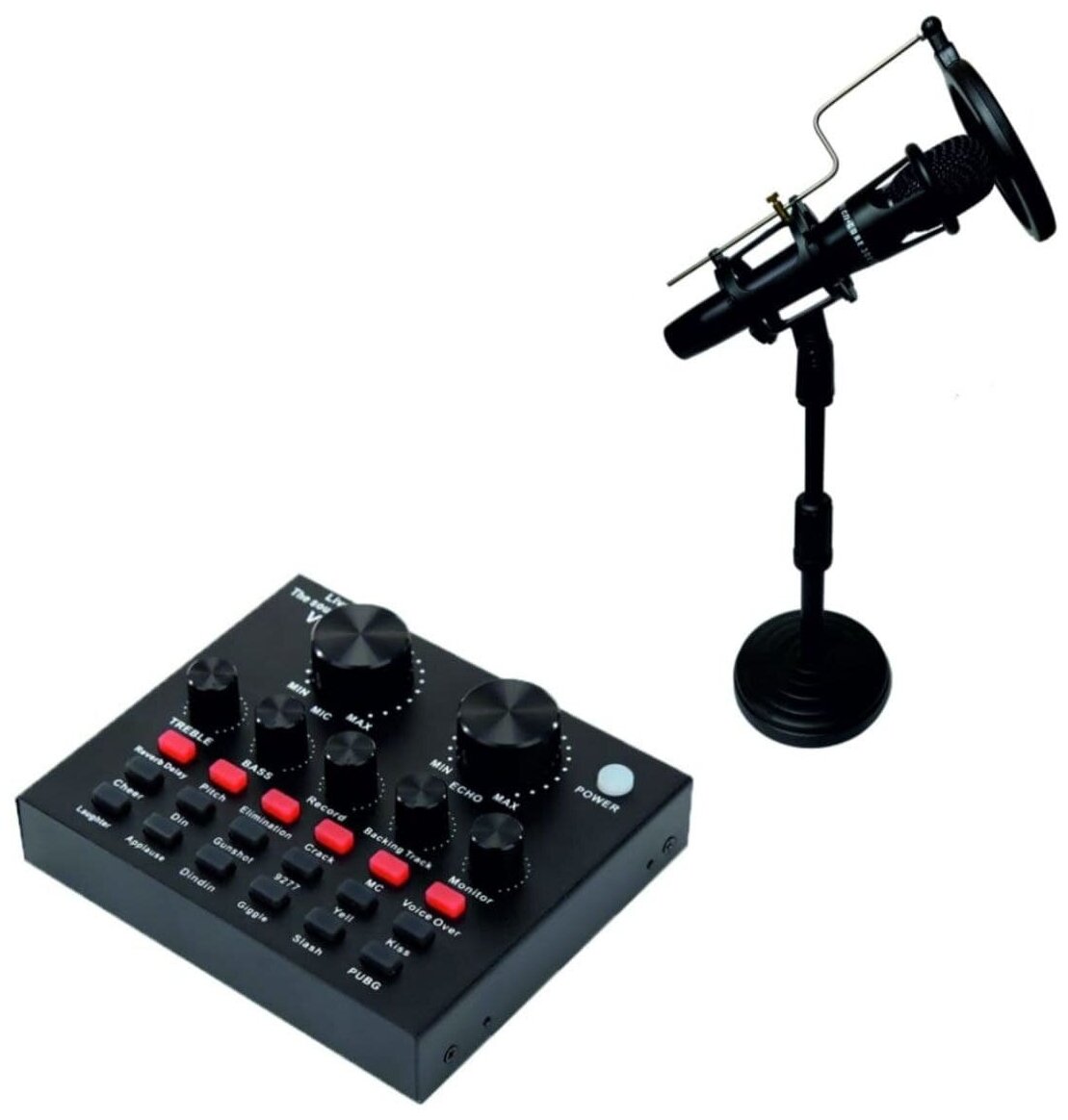 Конденсаторный микрофон E300 со звуковой картой микшер V8 на настольной стойке с кабелем XLR - jack 3.5, поп-фильтром и держателем микрофона в коробке
