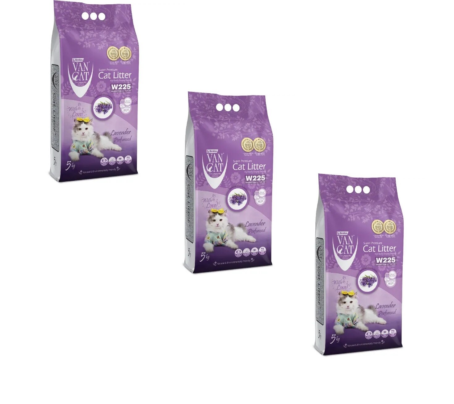 Комкующийся наполнитель Van Cat Lavender для кошачьих туалетов без пыли с ароматом лаванды, 5кг 3шт