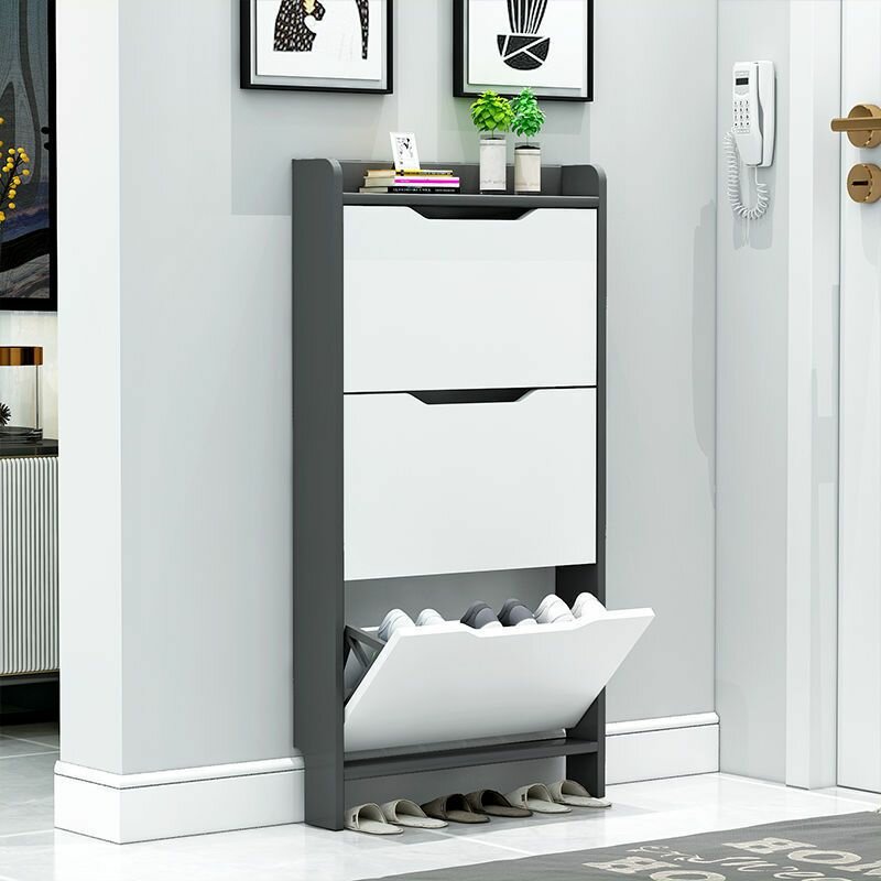 Обувной шкаф, берёзовый, 17x40x113см, откидные двери, серый/белый