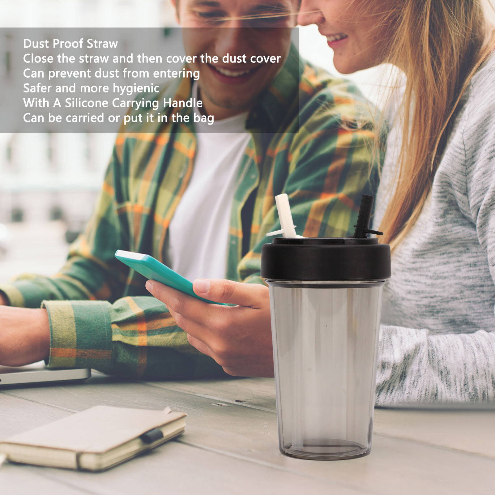 Двойная бутылка для напитков, пыленепроницаемая, защита от утечки, портативная соломенная чашка двойного назначения с наклейкой для спорта, кемпинга, пикника, черная