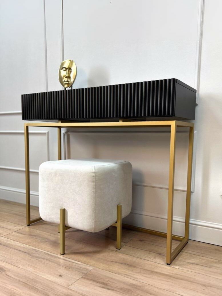 Туалетный столик консольный черный, эмаль мдф 100х36х87 см на ножках золотых, консоль в прихожую узкая с ящиками, Marsele