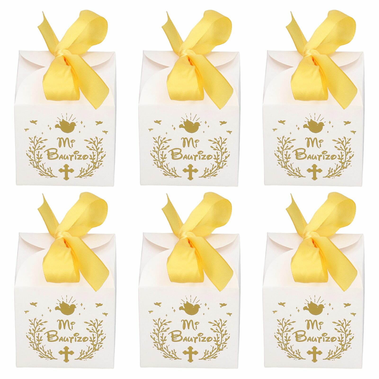 50 шт. коробки для вечеринок из бумаги, материал Mi Bautizo, узор, оснащенная золотой лентой, белые свадебные подарочные коробки для вечеринки