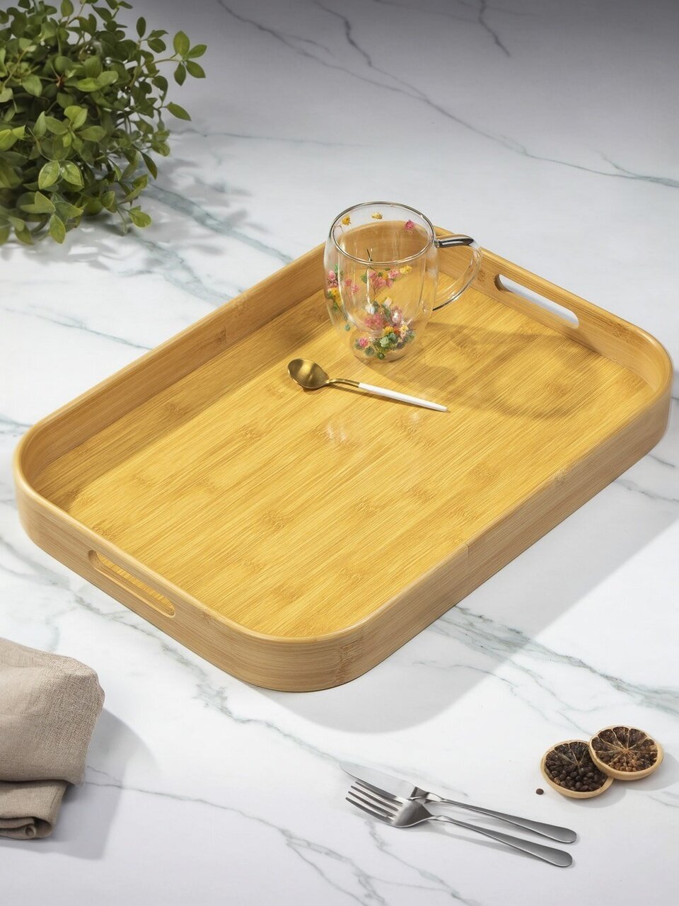 Поднос бамбуковый с ручками Y4-8889, 46х33 см, прямоугольный, универсальный