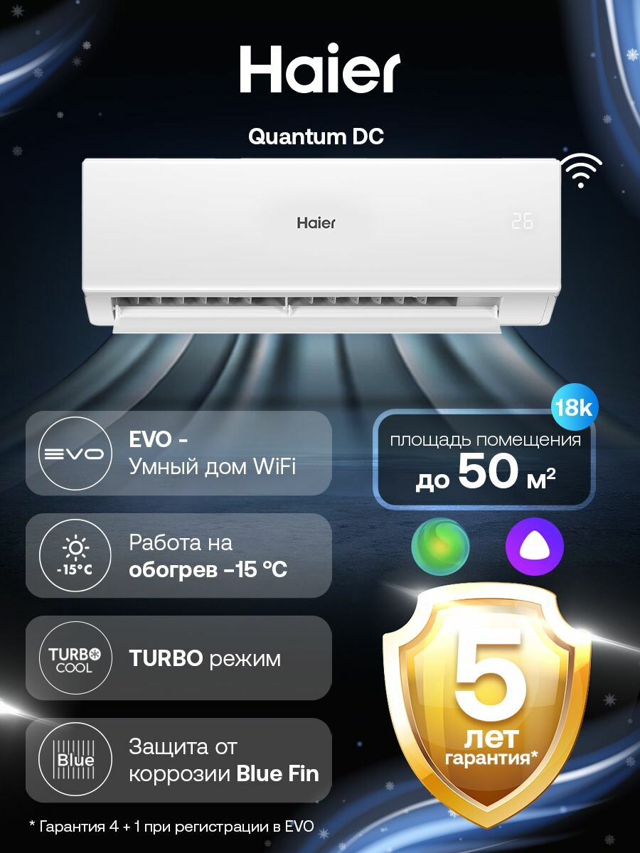 Кондиционер сплит-система инверторная Haier Quantum DC до 50 кв. м, white