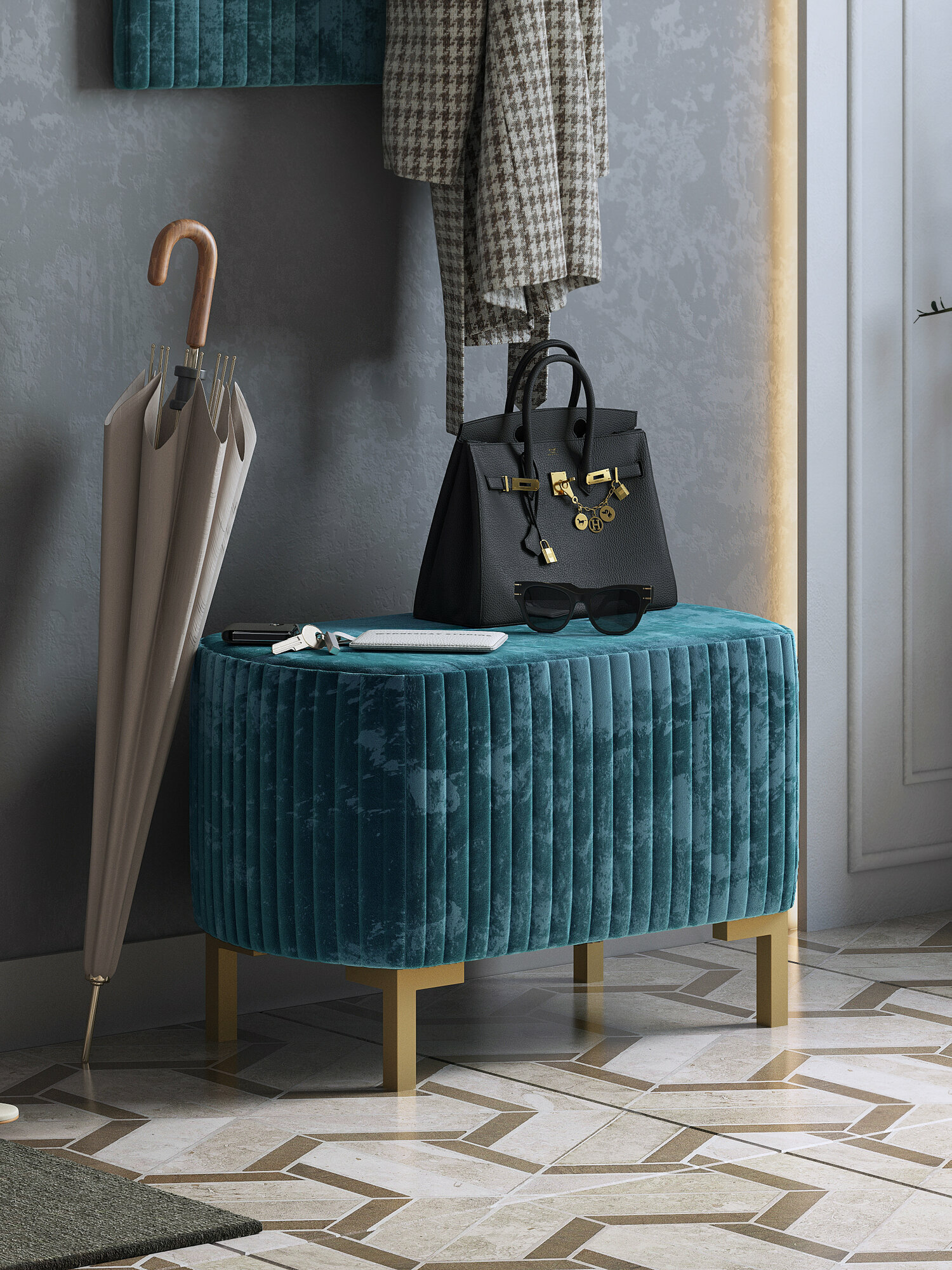 Пуф банкетка из велюра Рич 1.1 цвет Изумруд краш, золотые опоры