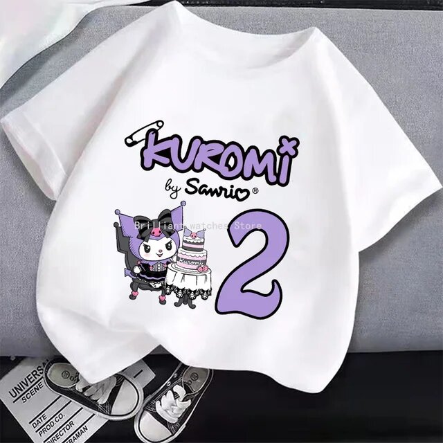 Футболка Kuromi для детей, черно-белая, с рисунком из мультфильма Sanrio, милая, хлопковая, с коротким рукавом, свободная одежда для мальчиков и девочек, подарок, Размер:140