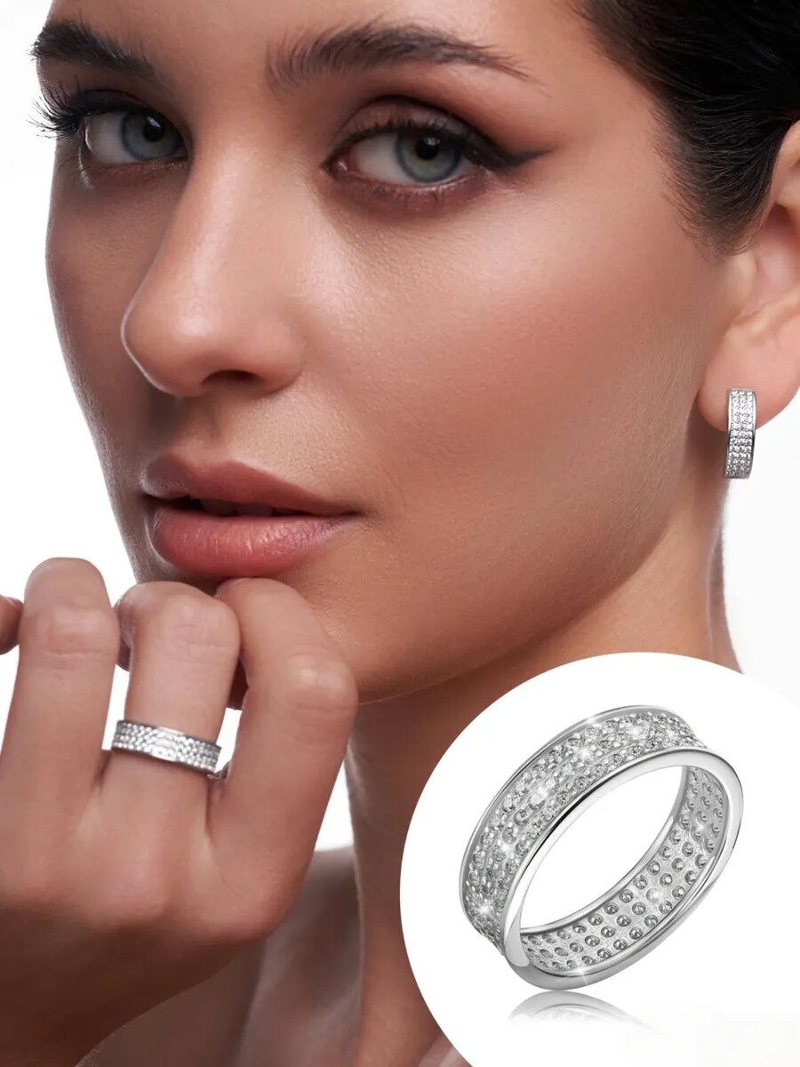 Кольцо широкое, серебро, 925 проба, родирование, фианит