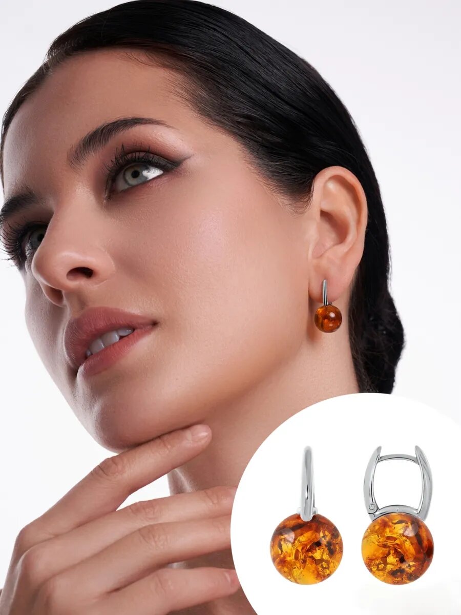 Серьги конго, серебро, 925 проба, родирование, янтарь