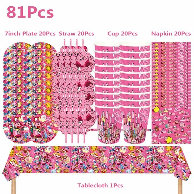 Украшения для дня рождения в стиле Розового Кирби, подарки для девочек, праздничные атрибуты с персонажами аниме, набор бумажных столовых приборов, тарелки, чашки, салфетки, игрушки.