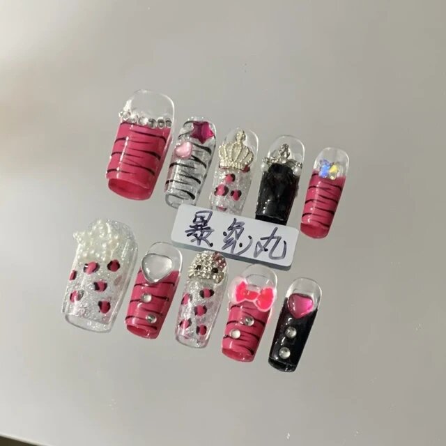 Набор из 10 горячих длинных заостренных ногтей ручной работы в форме гроба, полностью покрывающих ногти, накладные ногти Sanrio KT с металлической цепочкой и сверкающими бриллиантами в виде цветка, Размер: М-16-12-13-12-10