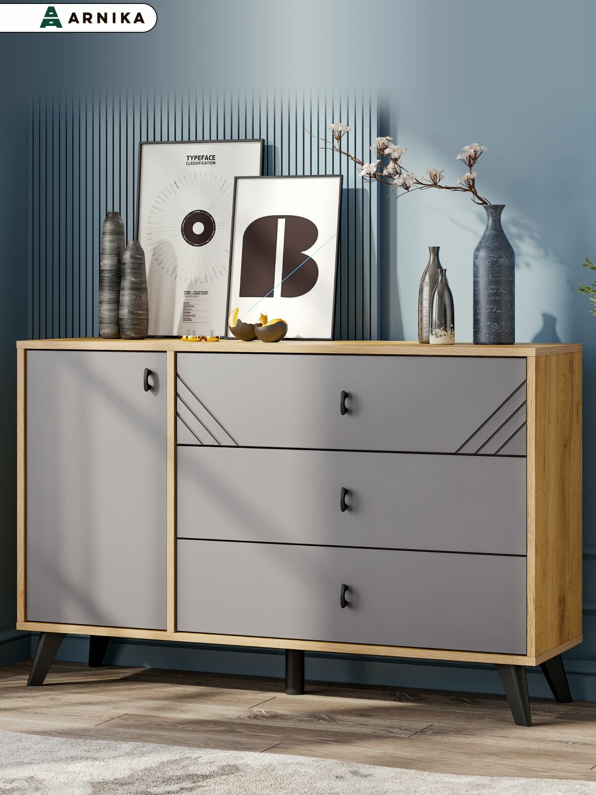 ARNIKA Комод с ящиками для одежды Байкал 114х33,1х73.2 см, Дуб золотой, Графит
