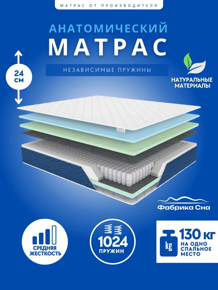 Фабрика Сна Матрас Sleep Plus, независимые пружины, средняя жесткость, анатомический, 160х200 см