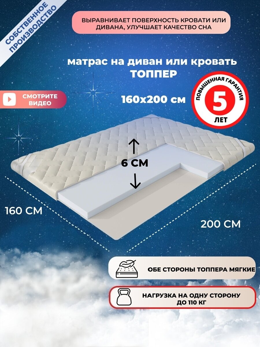 Топпер матрас 160х200 см, ОптиМа, Беспружинный, высота 6 см, Съемный чехол