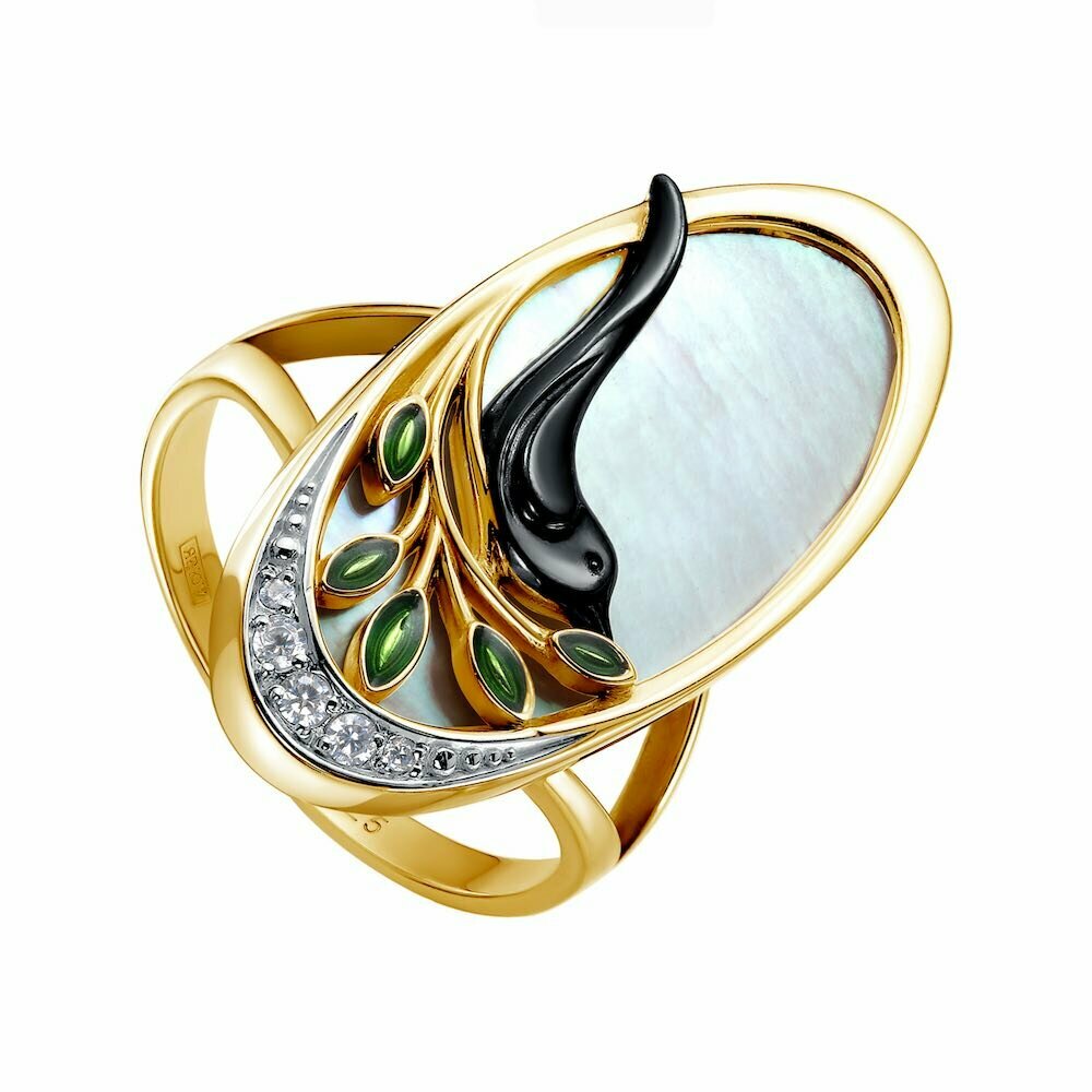 Перстень, серебро, 925 проба, золочение, фианит, перламутр, эмаль