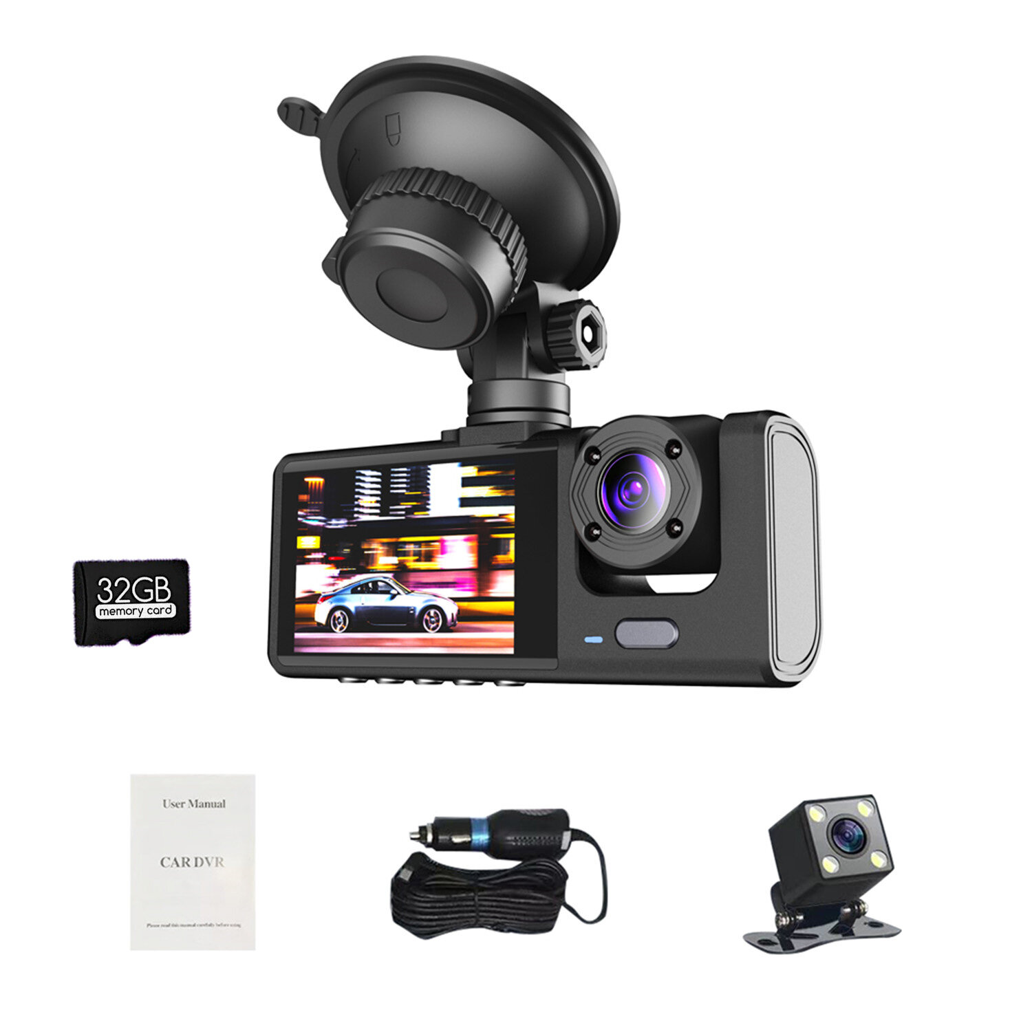 Детектор движения для автомобиля 1080P DVR с передней и задней камерами, экран 2 дюйма, поддержка ночного видения, циклической записи, функция блокировки одним клавишом, стандартная версия с картой памяти 32G, черный цвет, материал ABS, разрешение