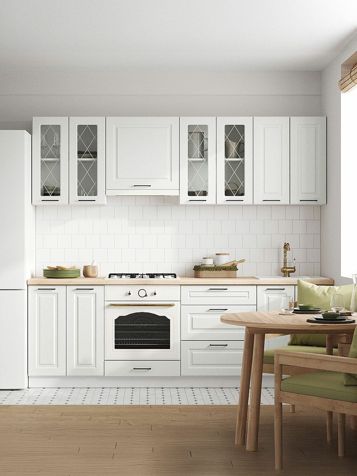 Кухонный гарнитур Шервуд 2.4 м, мебель для дома и кухни, Белый / Арктик со стеклом