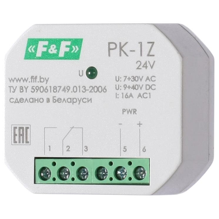 Реле промежуточное PK-1Z/24 7-30 AC 9-40 DC 16А для установки в монтажную коробку d60мм 1NO/NC IP20 F&F, евроавтоматика EA06.001.046 (1 шт.)