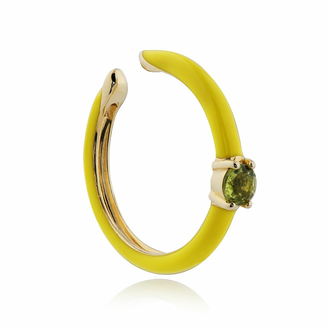 Серьги каффы, желтое золото, 585 проба, эмаль, хризолит