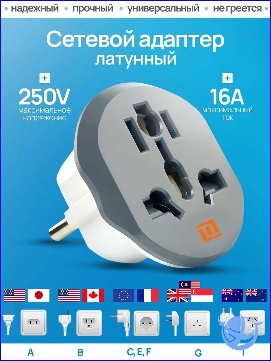 Сетевой адаптер латунный на евровилку "Только Ты" переходник с китайской вилки на российскую розетку серый 1 штука