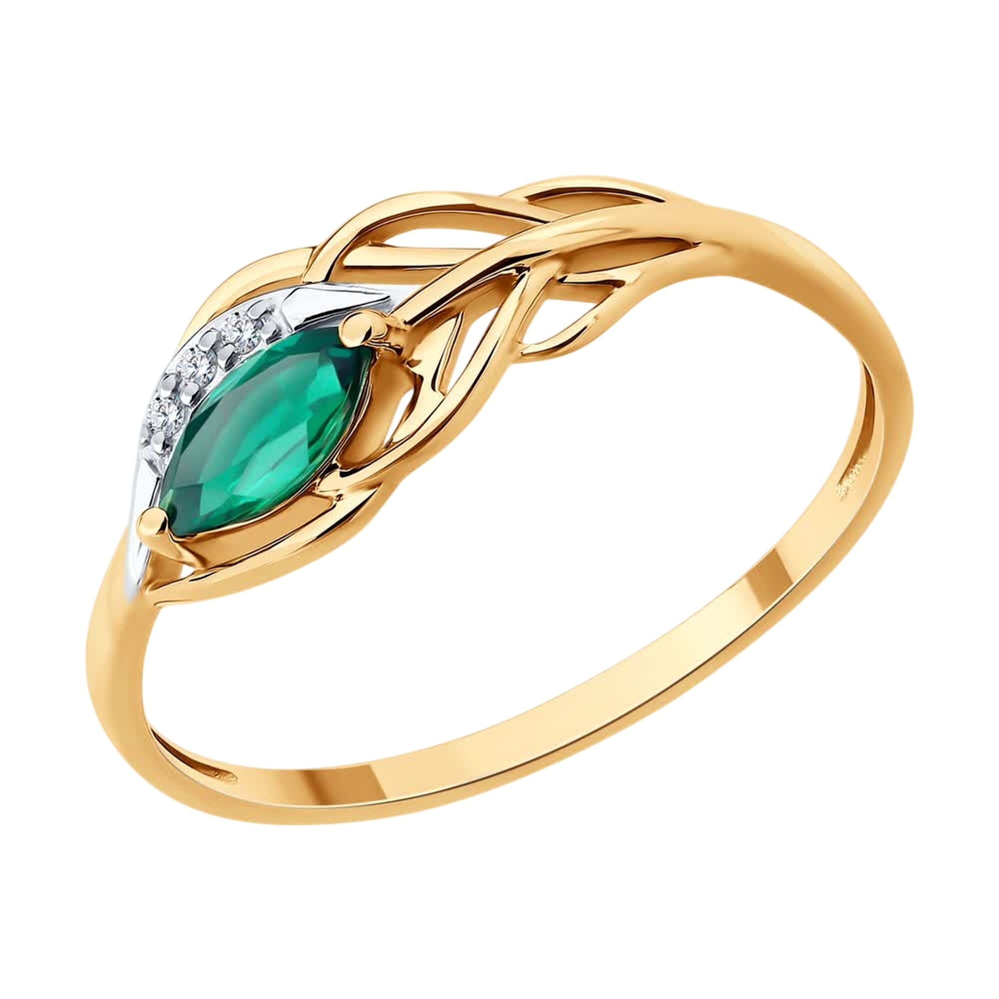 Кольцо, красное золото, 585 проба, бриллиант, изумруд синтетический