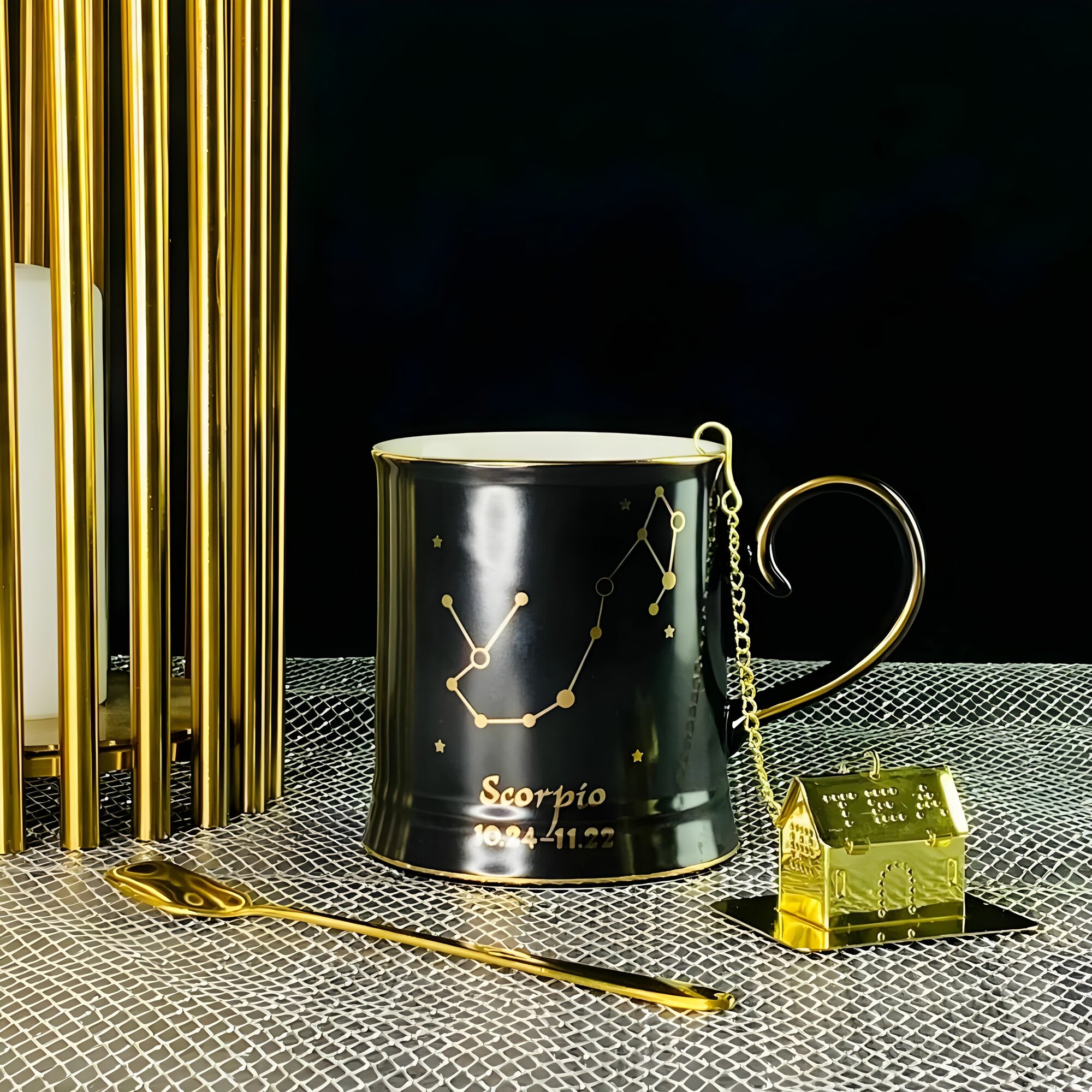 Кружка для чая и кофе 360 мл из фарфора с ложкой и фильтром скорпион в подарочной упаковке Lenardi