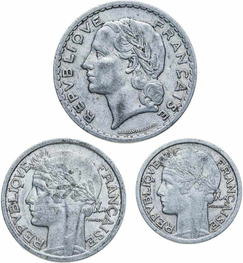 Франция 5 2 1 франк 1948-1949 набор из 3-х монет, Алюминий, в сохранности XF