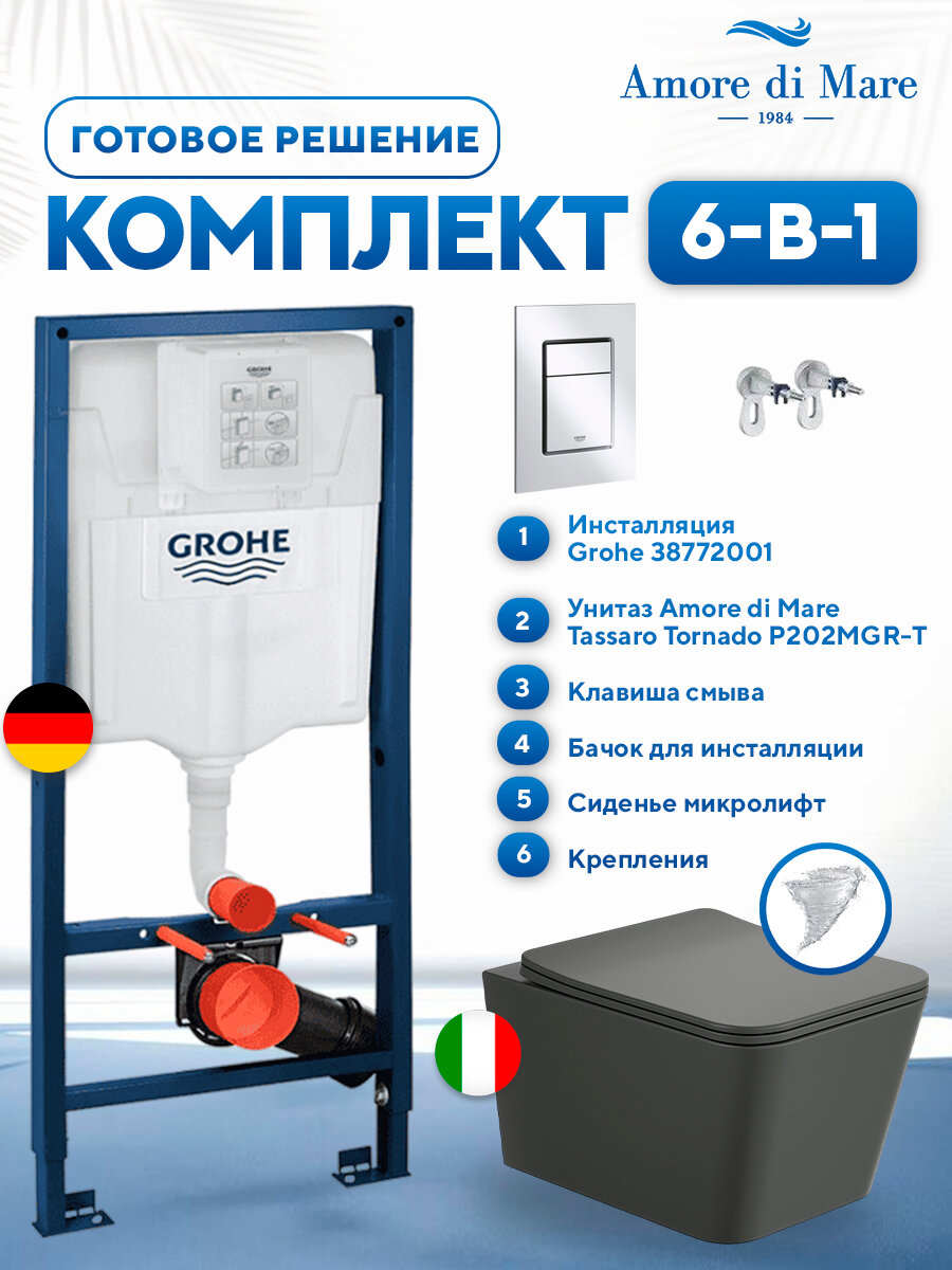 Комплект 6 в 1: инсталляция Grohe Rapid SL 38772001 + подвесной безободковый унитаз Amore di Mare Tassaro Tornado P202MGR-T Matte Grey + сиденье микролифт, кнопка, бачок, крепления