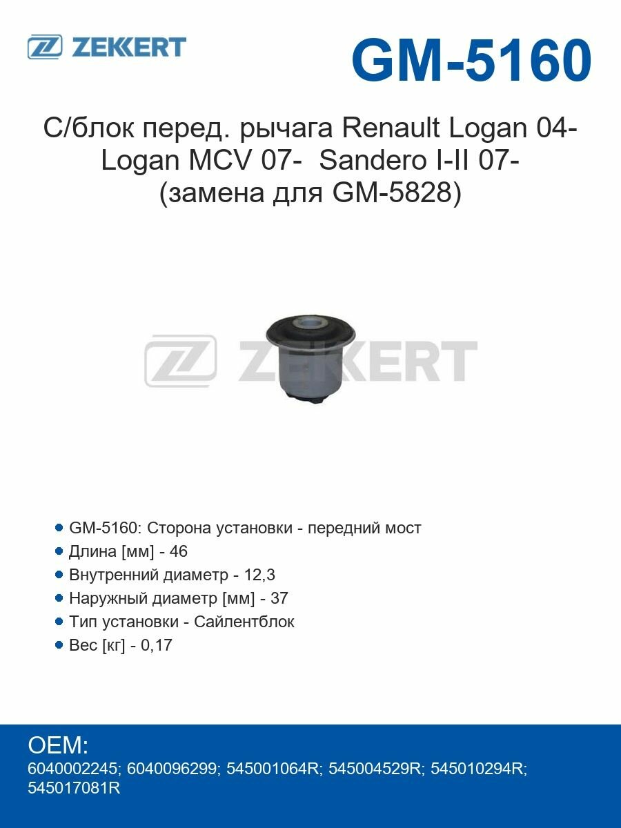 Zekkert Сайлентблок переднего рычага для Renault Logan с 2004 года Logan MCV с 2007 года Sandero I-II с 2007 года (замена для GM-5828)